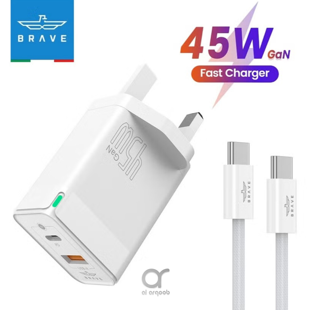 BRAVE 45W GaN Fast Charger with 65W Type-C Cable – Dual Port PD ...